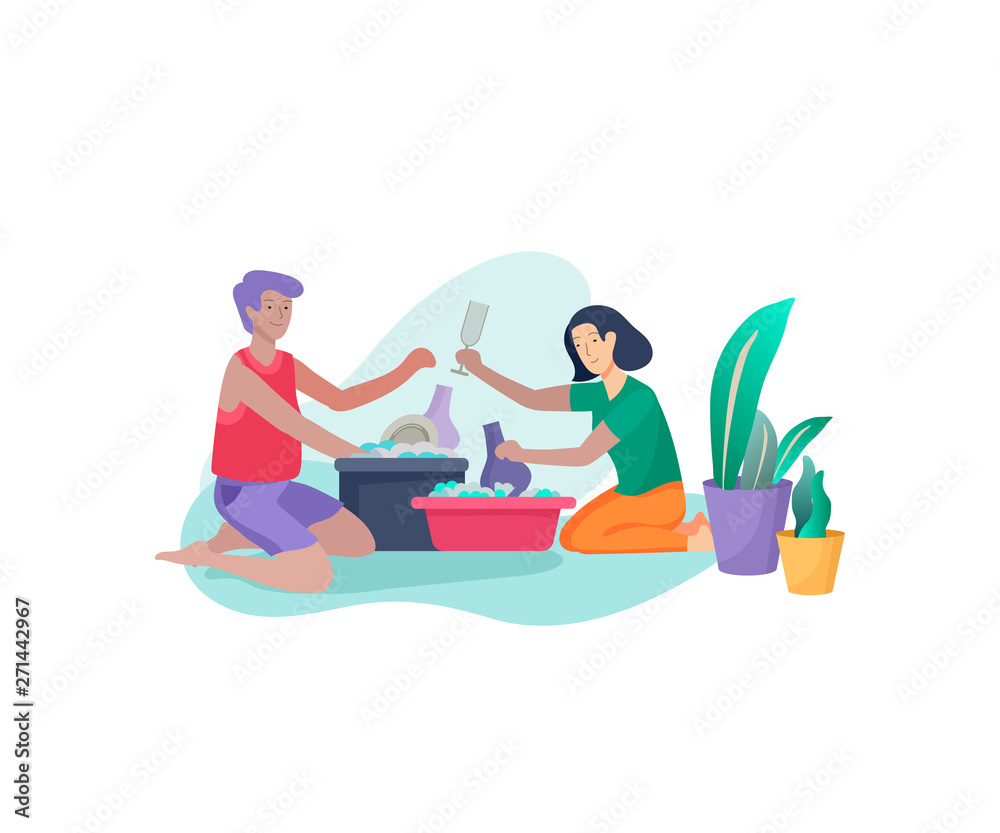 Scenes with family doing housework, couple man and woma home cleaning ...