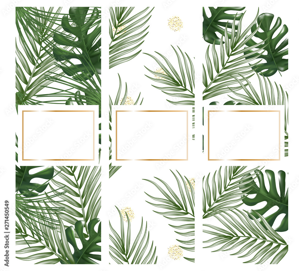 Set of tropical vertical banners. Palm and monstera leaves with golden ...