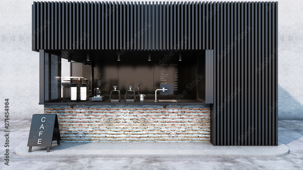 Front view Cafe shop & Restaurant design. Modern minimal metal black ...