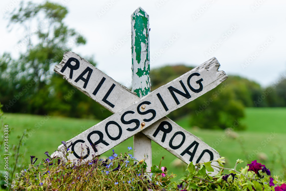 Railroad crossing sign at the restored section of the Great Northern ...