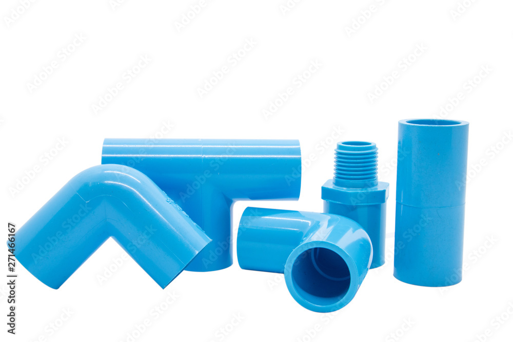 Group of PVC blue pipe fittings isolated connection white background ...