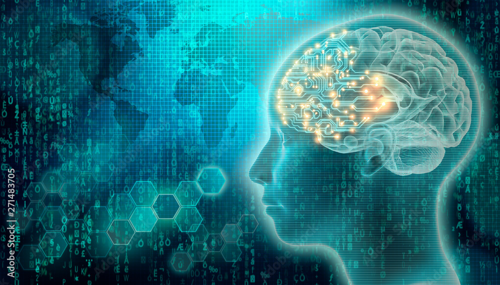 PCB brain with 3d render human head profile. Artificial intelligence or ...