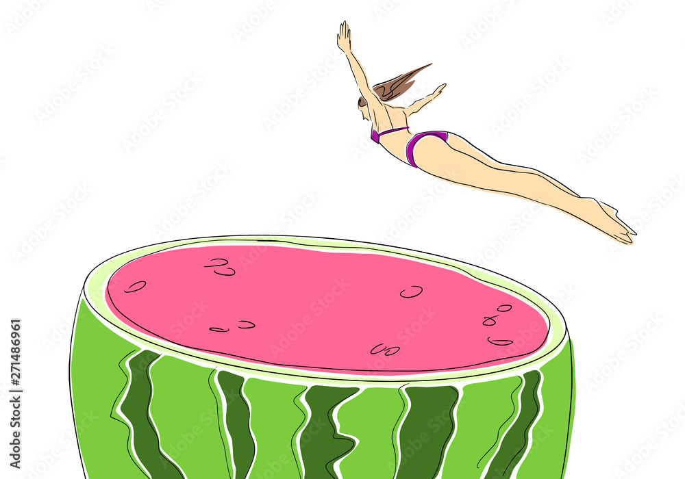 Young woman in bikini jumping into watermelon. Healthy food and ...