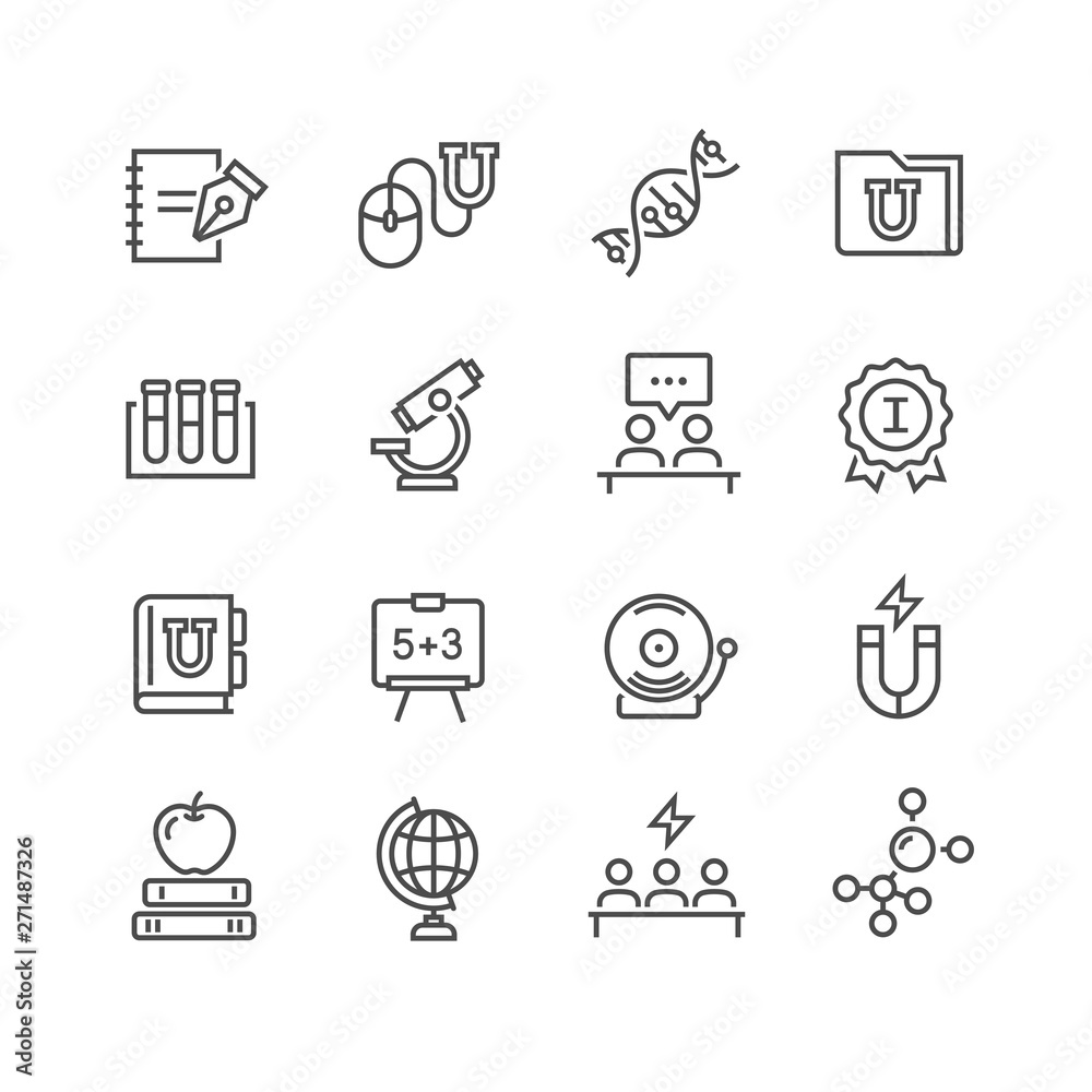 vector icons of school subjects, activities, education and science ...