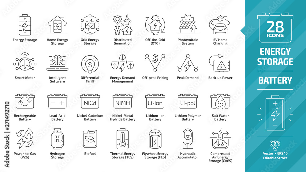 Energy storage outline icon set with distributed generation grid ...