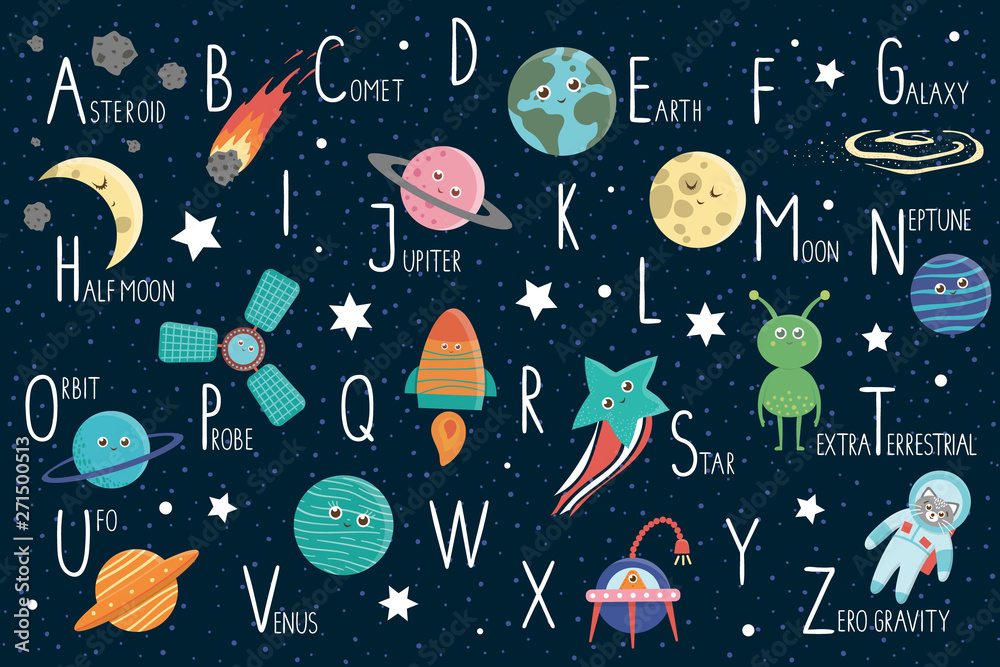 Space alphabet for children. Cute flat ABC with galaxy, stars ...