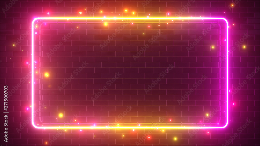 Rectangular neon sparkling luminous form on the background of a brick ...