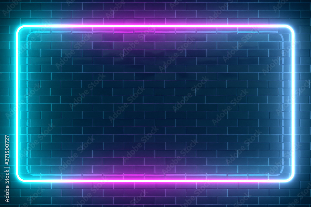 Rectangular neon sparkling luminous form on the background of a brick ...