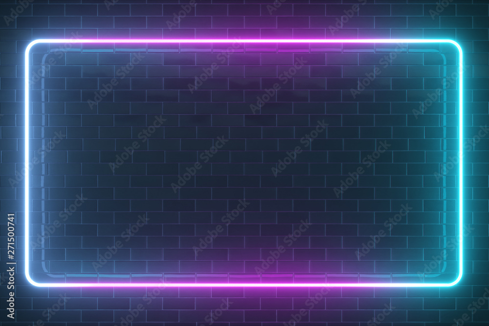 Rectangular neon sparkling luminous form on the background of a brick ...