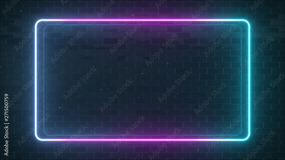 Rectangular neon sparkling luminous form on the background of a brick ...