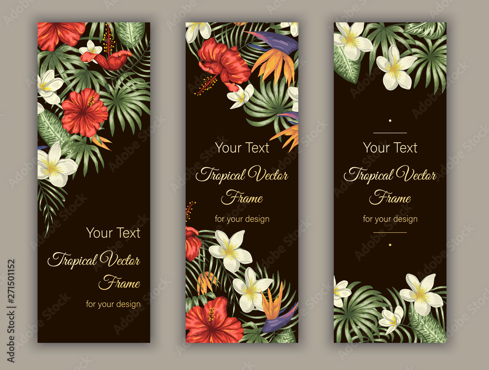 Vector bookmarks with green tropical leaves, plumeria, strelitzia and ...