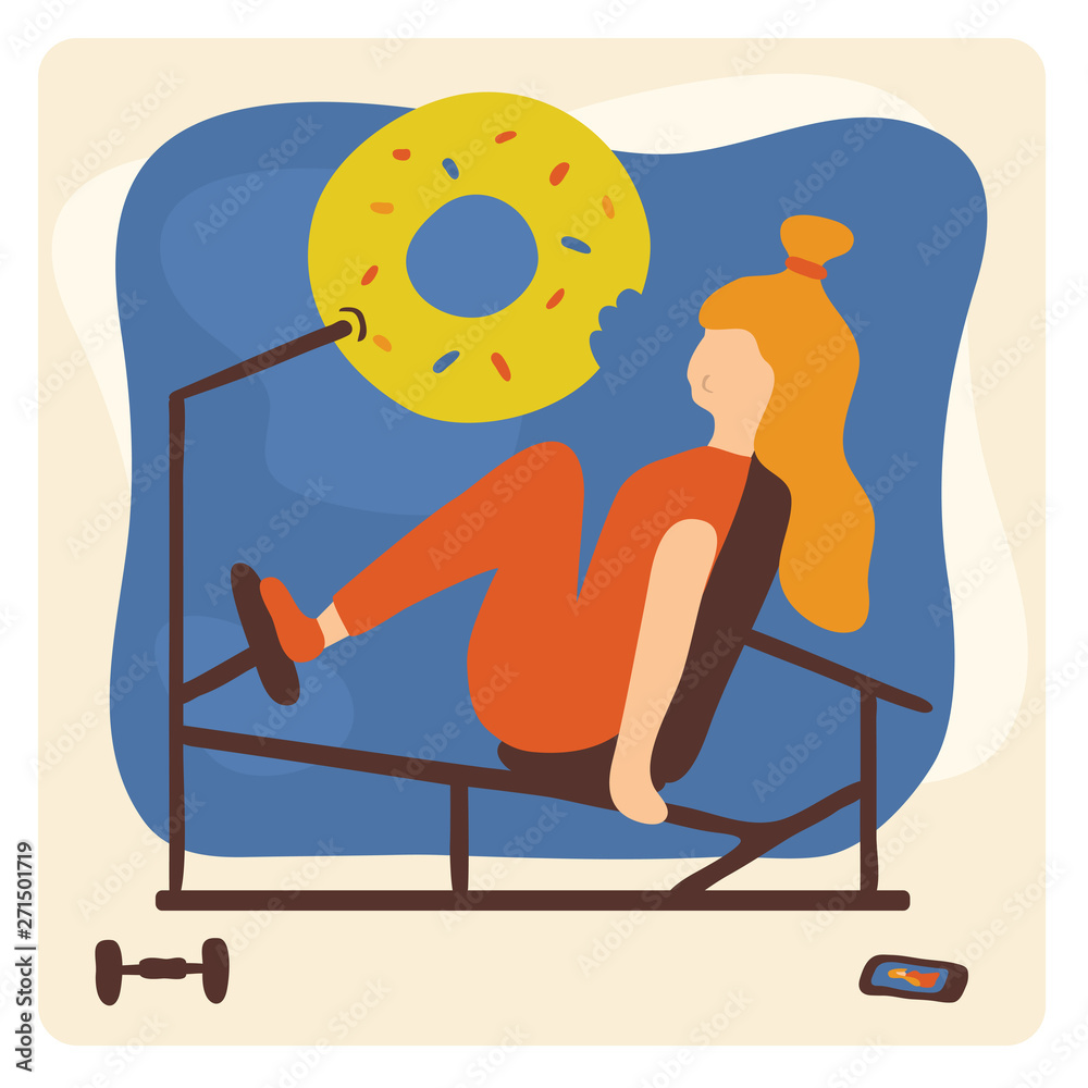 Vector illustration with girl and leg press machine. Funny scene in gym ...