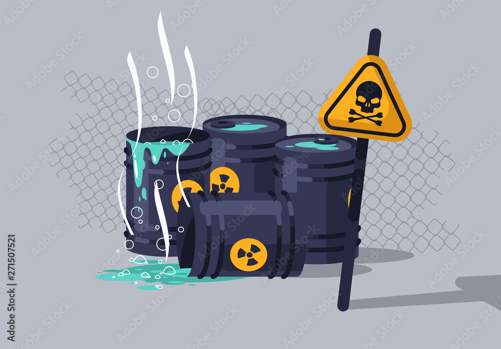 vector illustration of hazardous chemical waste in barrels, hazard ...
