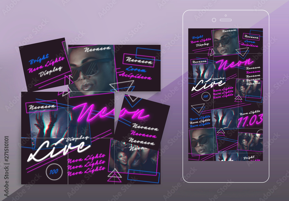 Neon Social Media Grid Layouts Stock Template | Adobe Stock