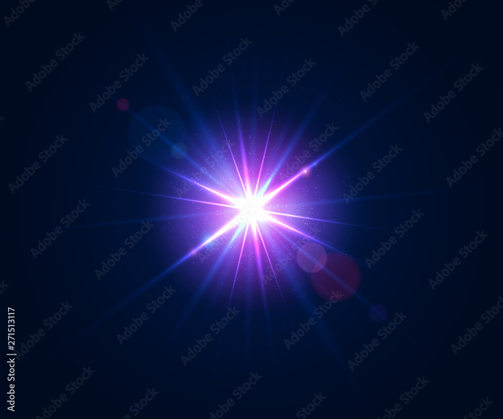 Glowing flash. Beautiful glare effect with bokeh, glitter particles and rays. Sparkling light ...