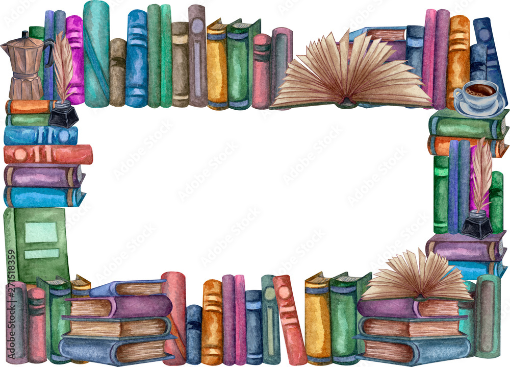School books frame, education art library, bookshelves watercolor hand ...