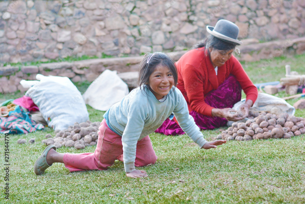 Native american grandmother and granddaughter outside. Typical rural ...