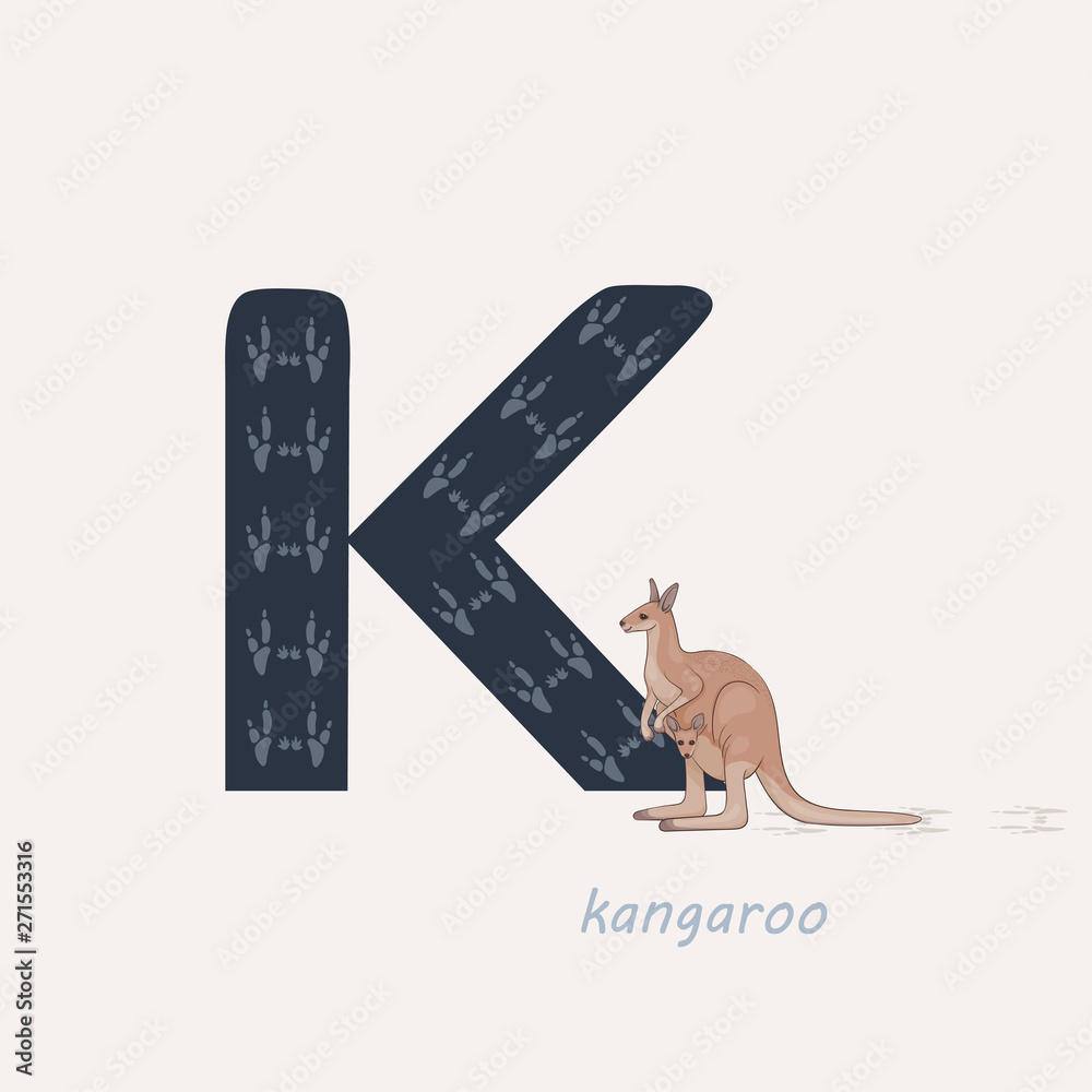 Vector illustration. Blue letter K with kangaroos footprints, a cartoon ...