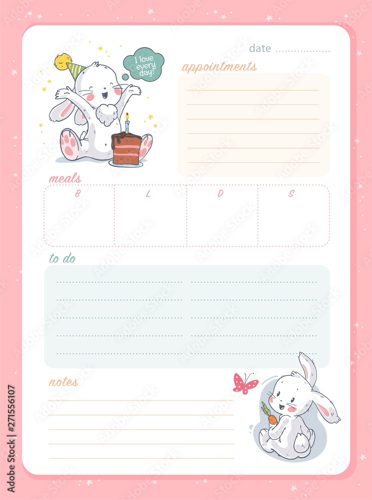 Vector daily planner page design template, calendar for children. Cute ...