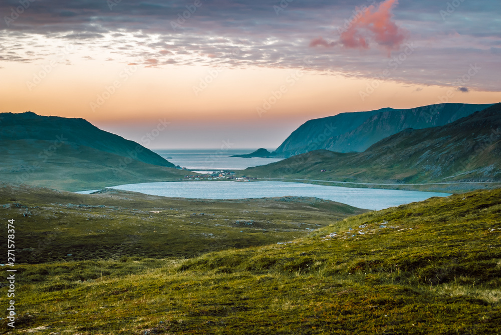 Nord summer Norwegian landscape behind the polar circle with green ...