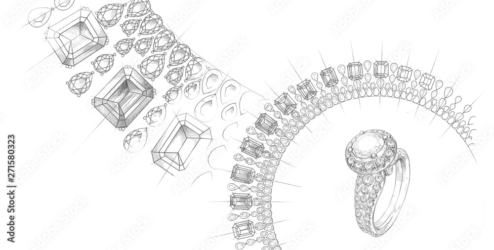Pencil drawing of rings and necklaces with precious stones on a white ...