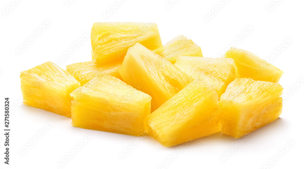 Canned pineapple chunks. Pineapple slices isolated. Pineapple pieces on ... Canned pineapple chunks. Pineapple slices isolated. Pineapple pieces on ...