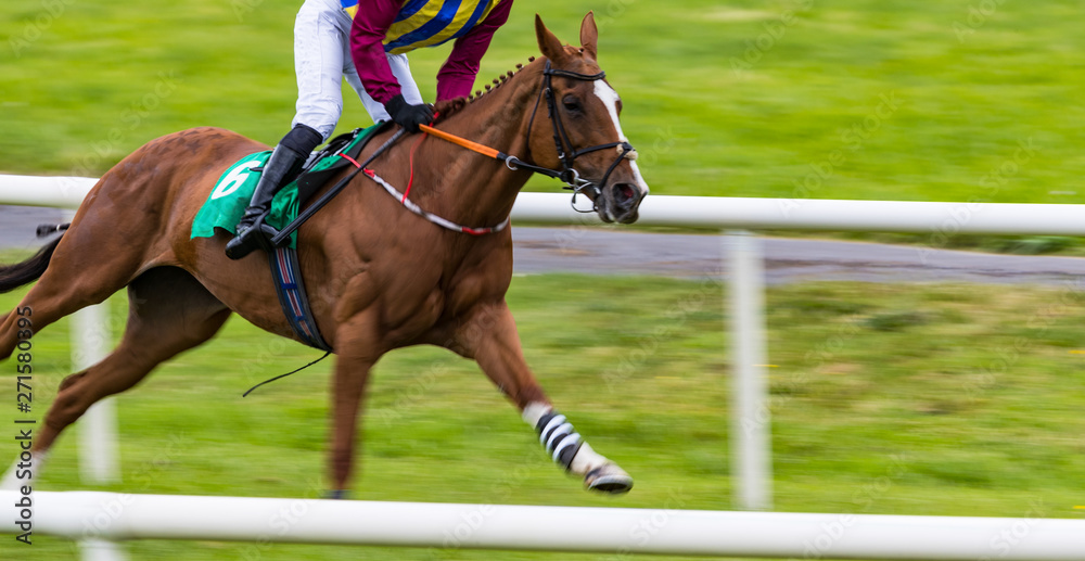 Jockey and race horse in competing in a race, speeding fast motion blur ...