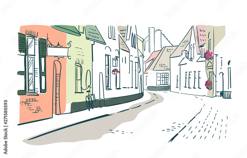 Netherlands street vector sketch watercolor line art Stock Vector ...