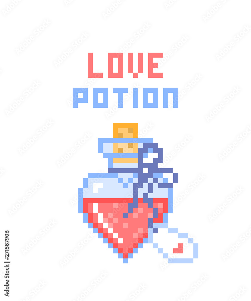 Heart-shaped glass love potion bottle with tag, 8 bit pixel art icon ...