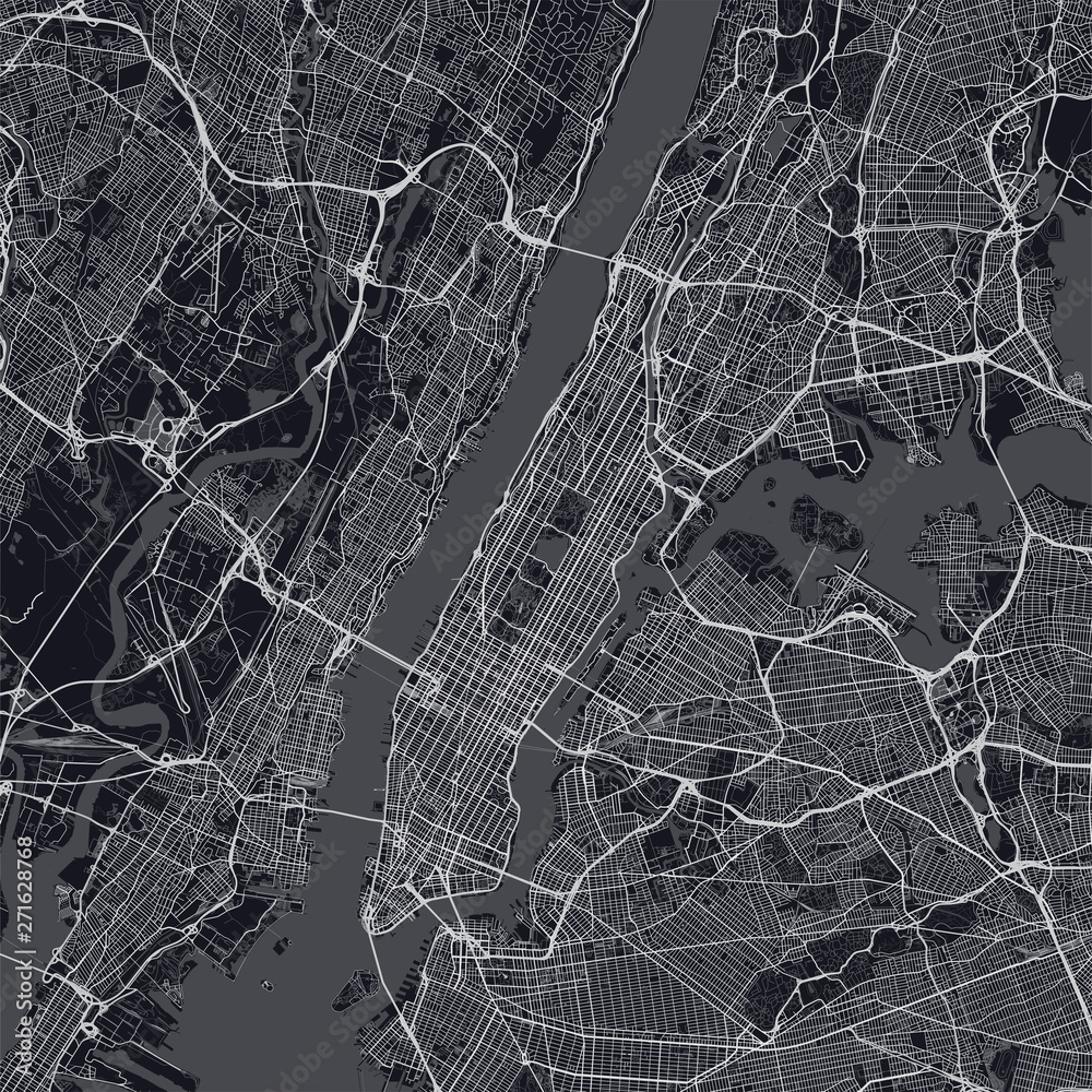 Manhattan map. Dark map of Manhattan borough (New York, United States ...