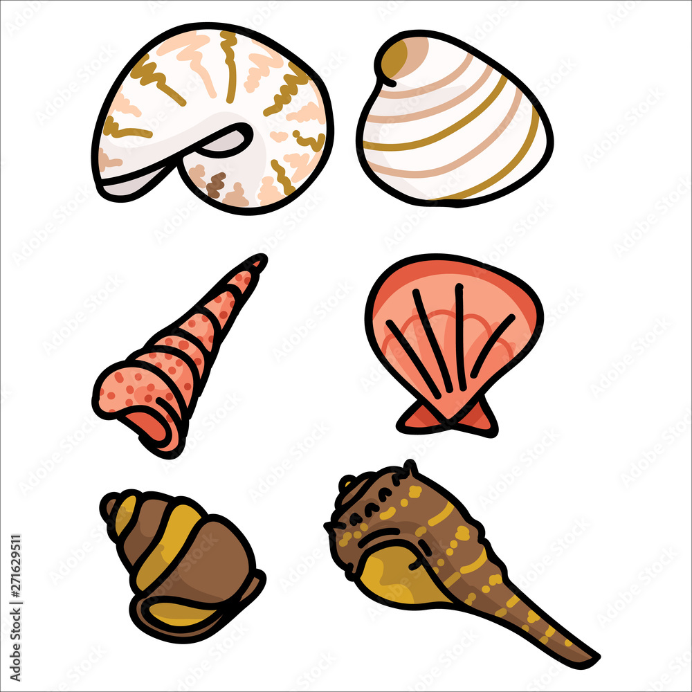 Cute group of shell fish cartoon vector illustration motif set. Hand ...