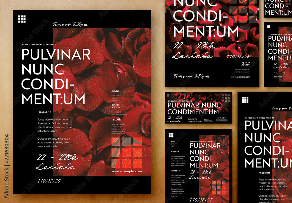 Dark Event Poster Layout Set with Rose Photo Elements Stock Template ...