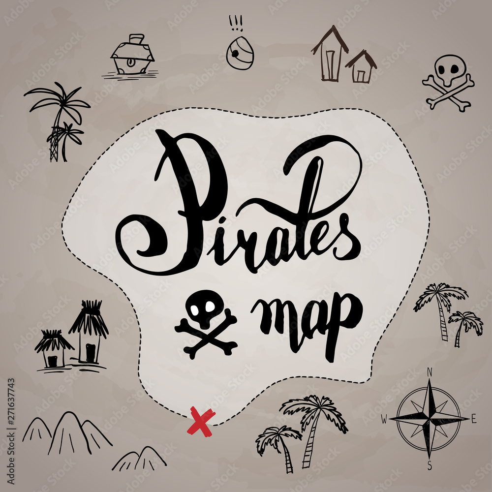 pirates treasure map hand drawn cartoon black ink on old paper texture ...