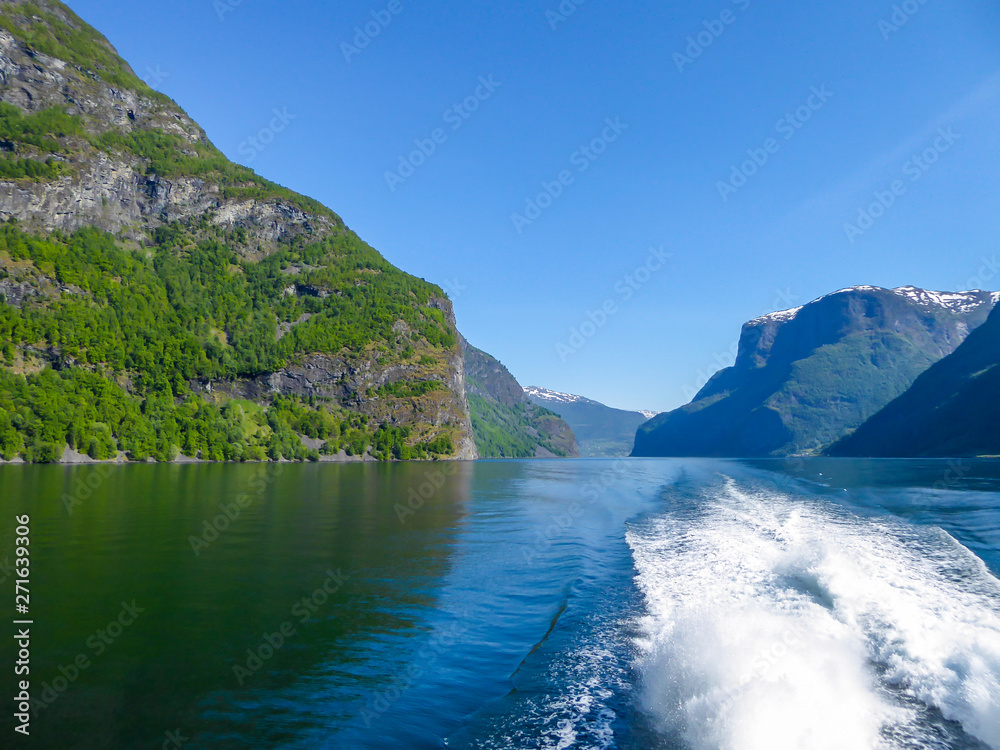 A view on the Songefjorden fjord from the water level. The motor of the ...
