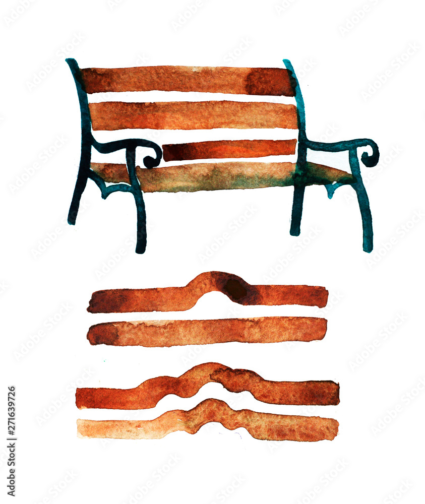 Hand drawn park bench set with planks. Watercolor painting isolated on ...