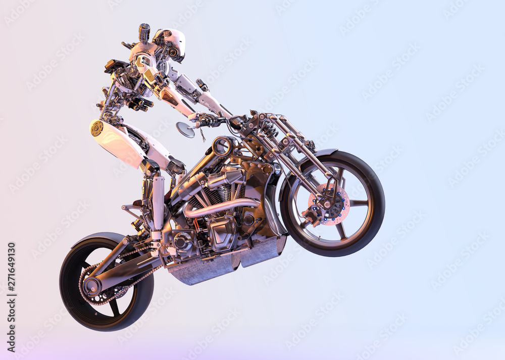 Stunt biker robot on the motorbike extreme riding and jumping. Having ...