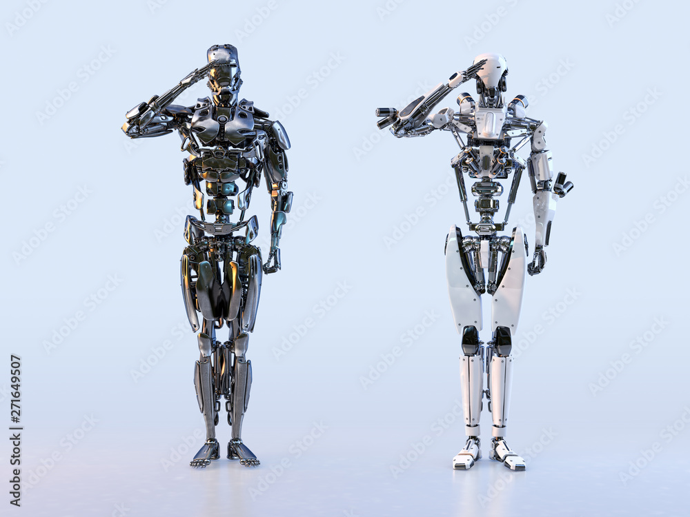 Couple of modern robots soldiers standing and saluting, isolated ...