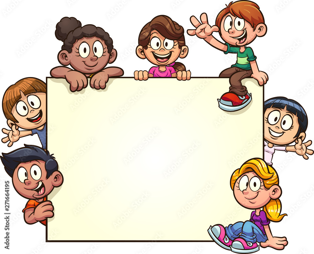 Cartoon kids with big blank banner clip art. Vector illustration with ...