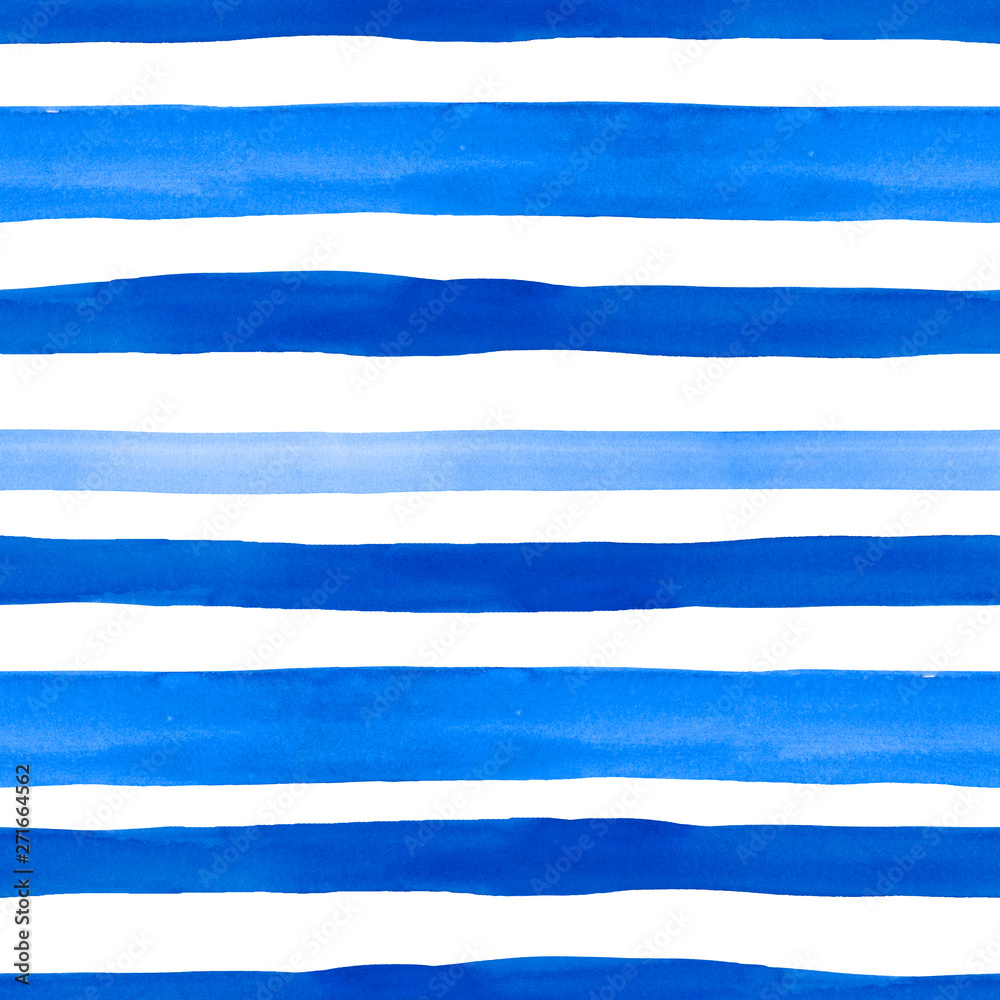 Nautical style seamless pattern with watercolor blue horizontal stripes ...