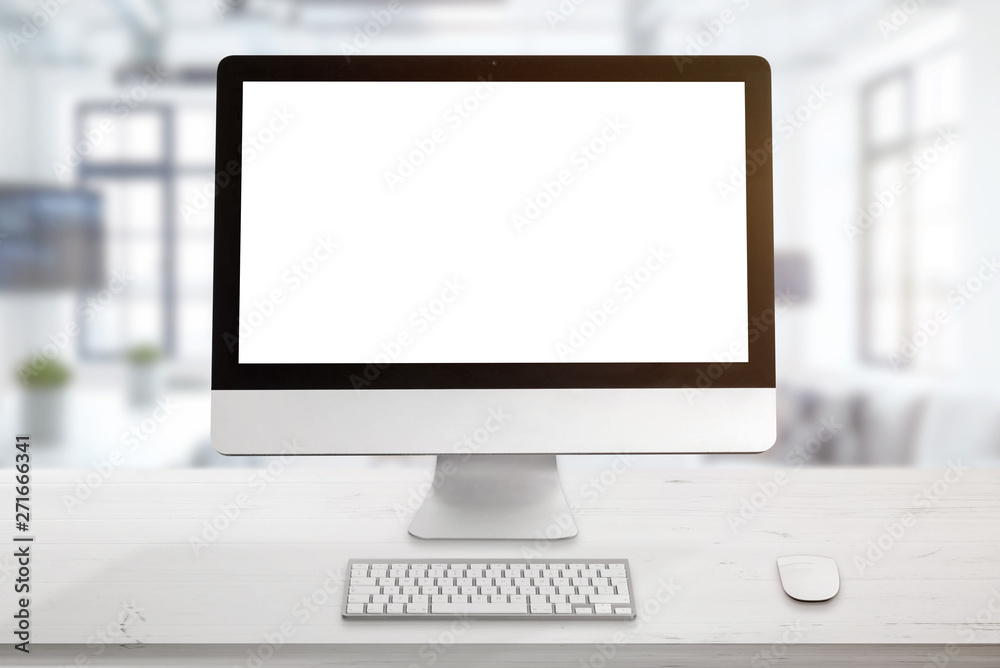 Clean office desk with computer display, keyboard and mouse. Isolated ...