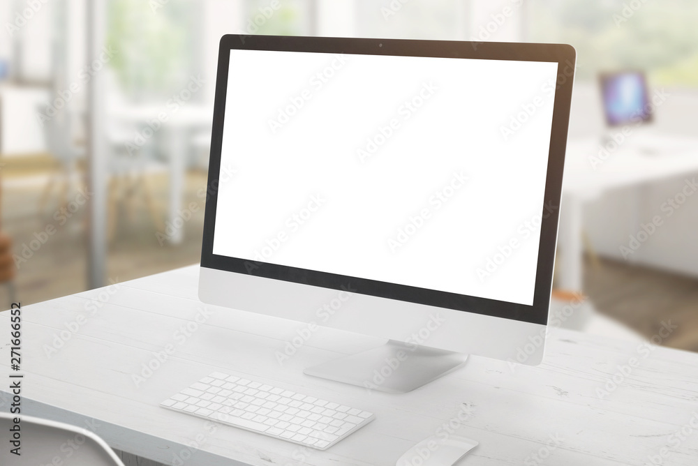 Modern computer display on white office desk. Isolated screen for ...