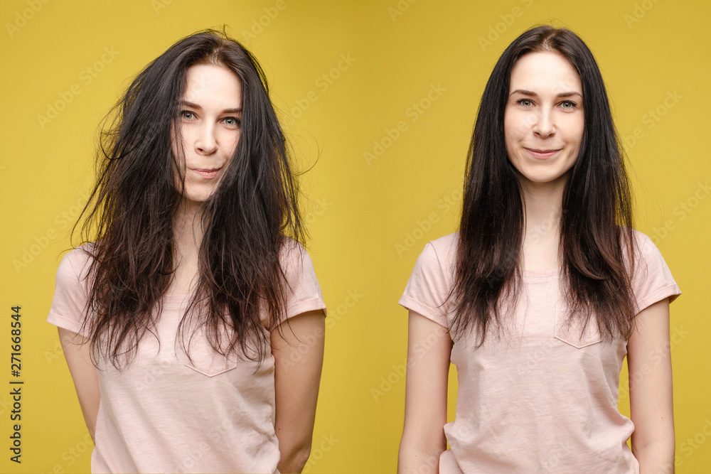 portraits of blonde haired woman in black, with glossy and messy ...
