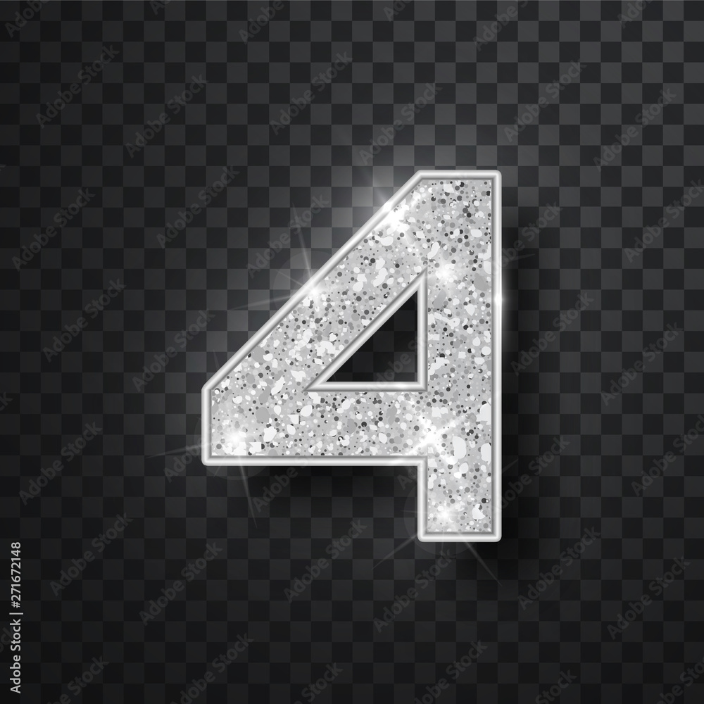 Silver glitter alphabet numbers 4 with shadow. Vector realistick ...