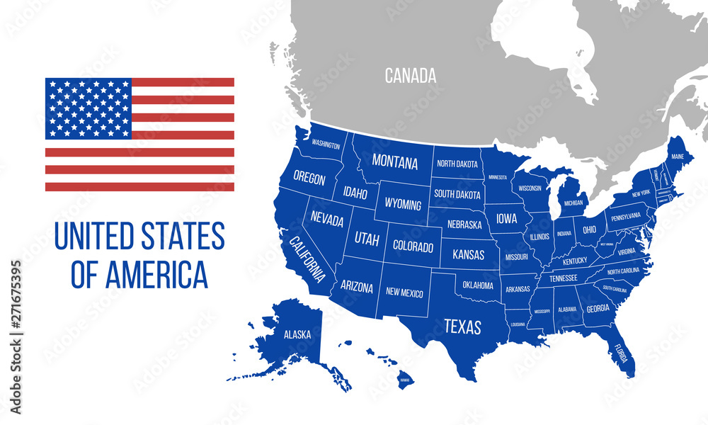 US map with state names isolated on white background. United States of ...