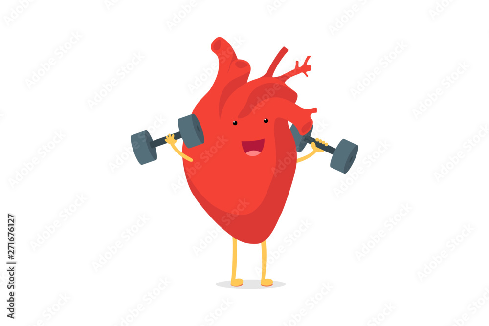 Cute cartoon smiling heart character with dumbbells happy emoji emotion ...
