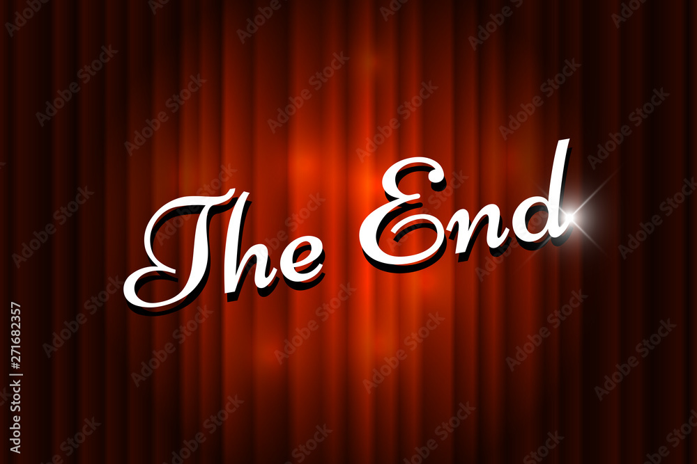 The End handwrite title with highlight on red curtain background. Old ...