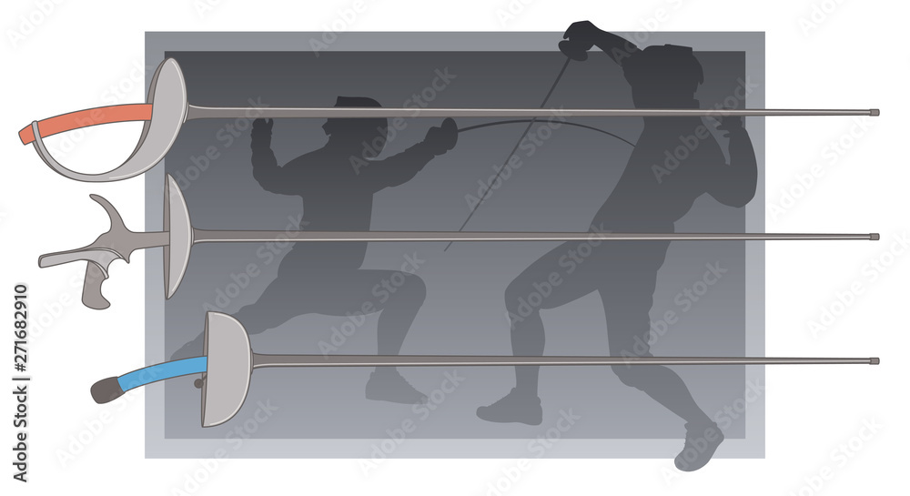 fencing swords saber foil epee with silhouette of fencers on grey ...