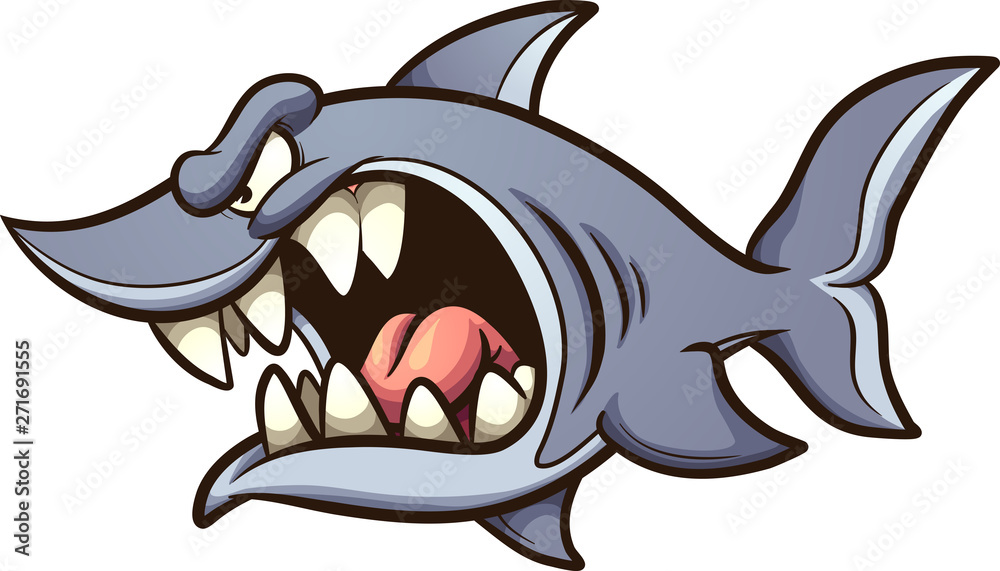 Angry gray shark with big open mouth clip art. Vector illustration with ...