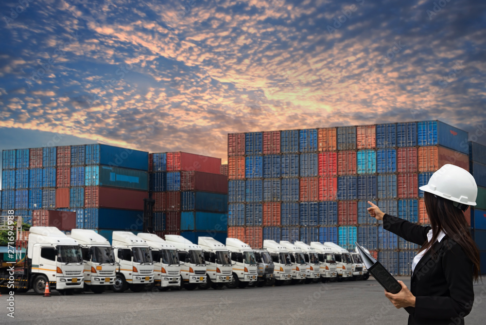 The engineer working with container Cargo freight ship in shipyard at ...