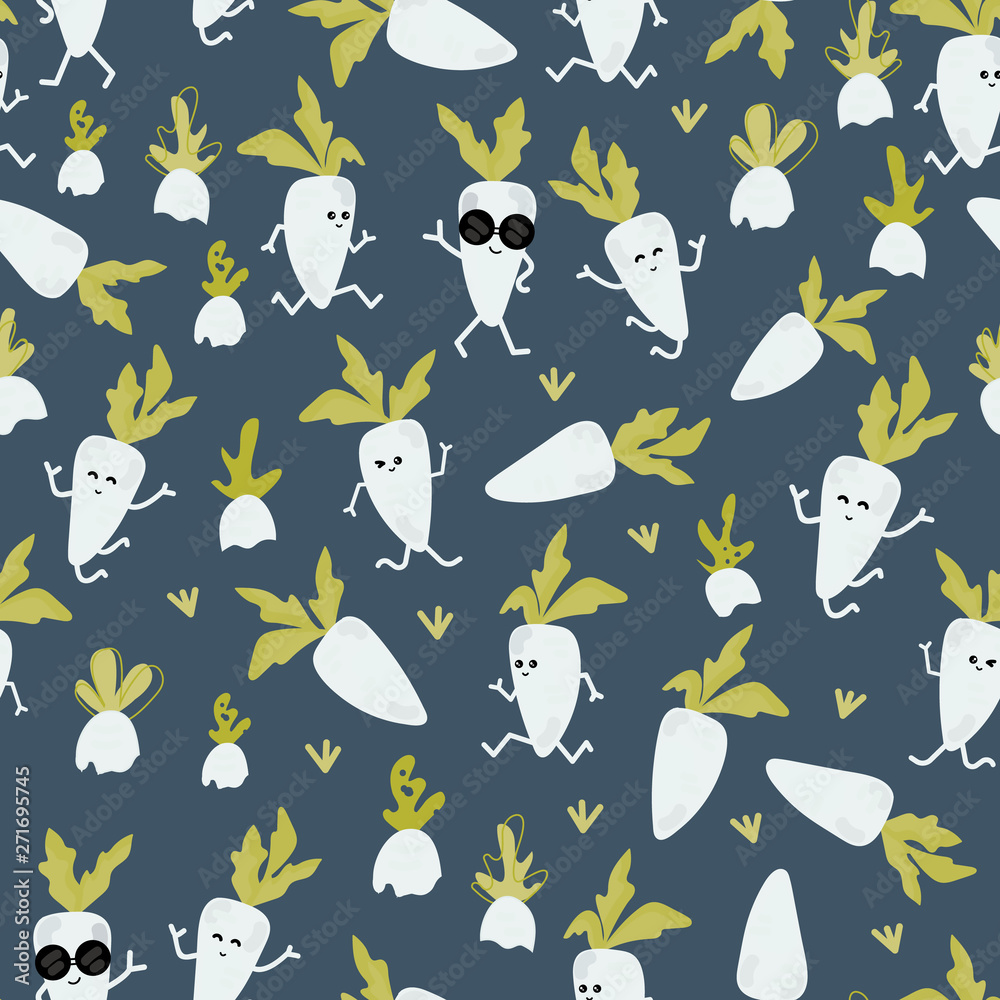 Vector seamless pattern of cute radish, vegetable characters on green ...
